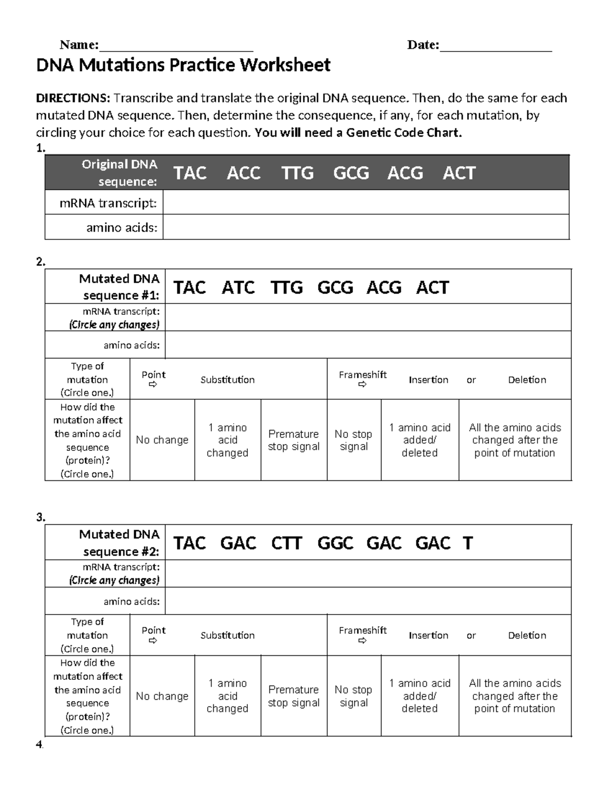 Mutations Practice Worksheet - Name:______________________ Date ...