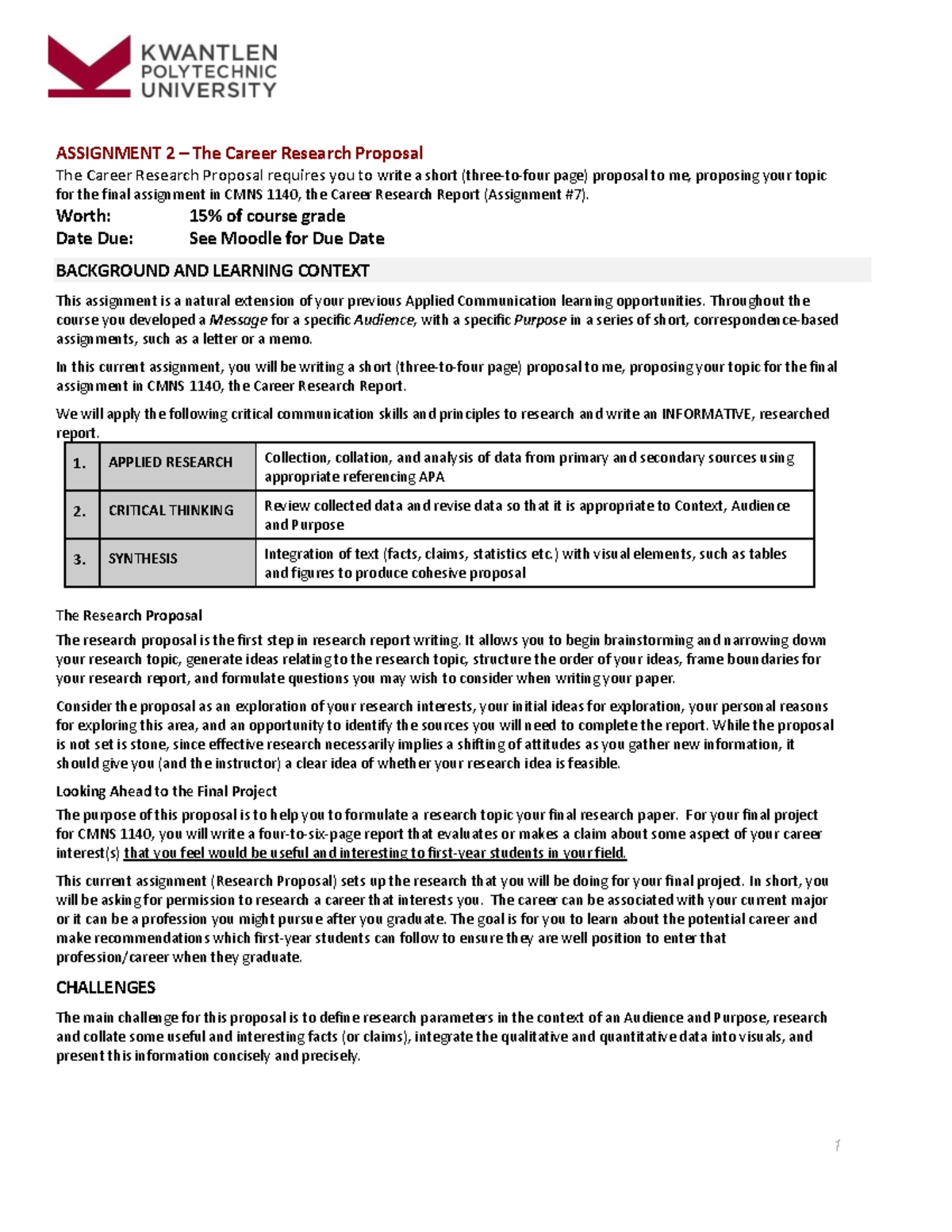 Assignment 2 CMNS1140 Career Reserach Proposal Fall2022 - ASSIGNMENT 2 ...
