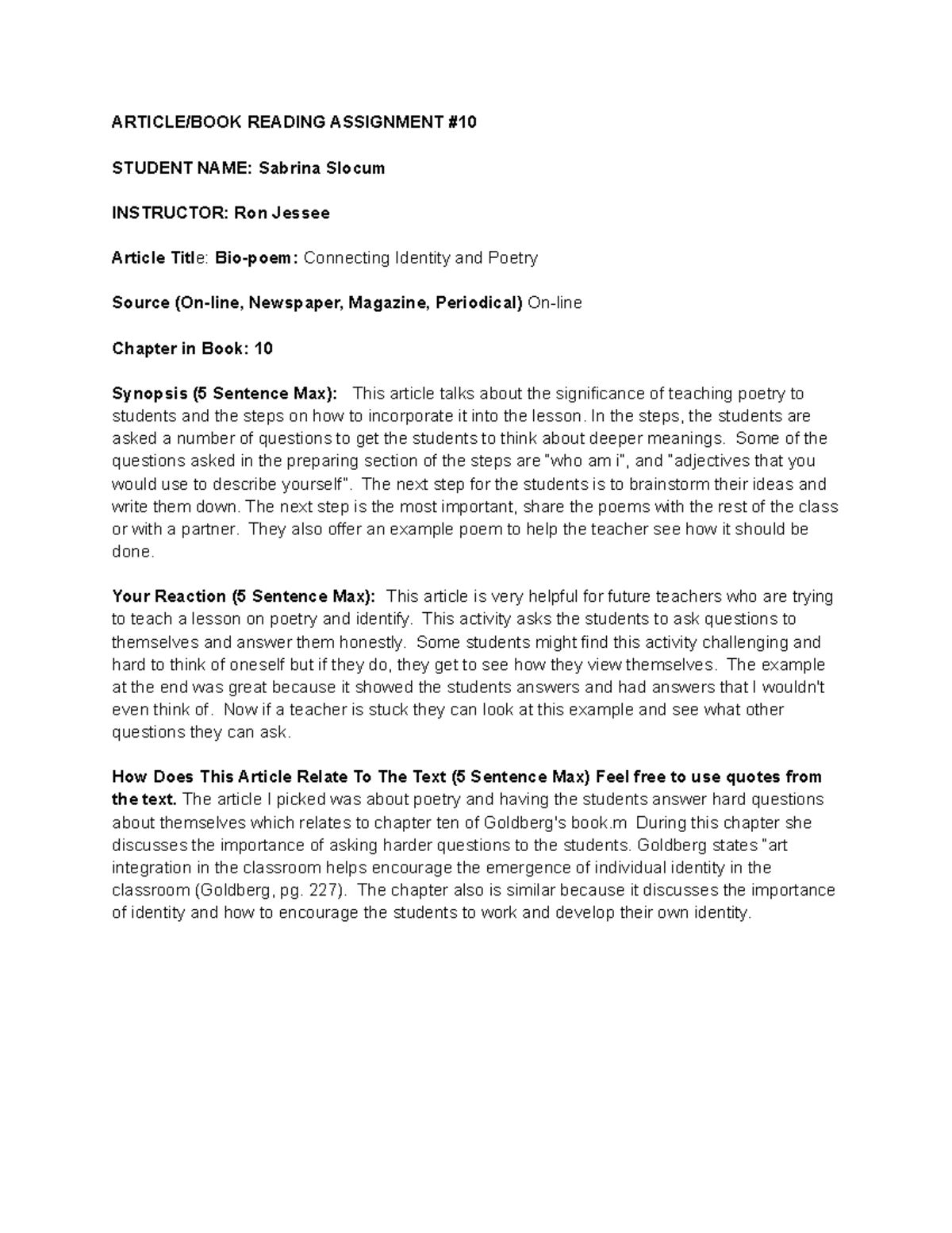 Article/BOOK Reading Assignment #10 - READING ASSIGNMENT STUDENT NAME ...