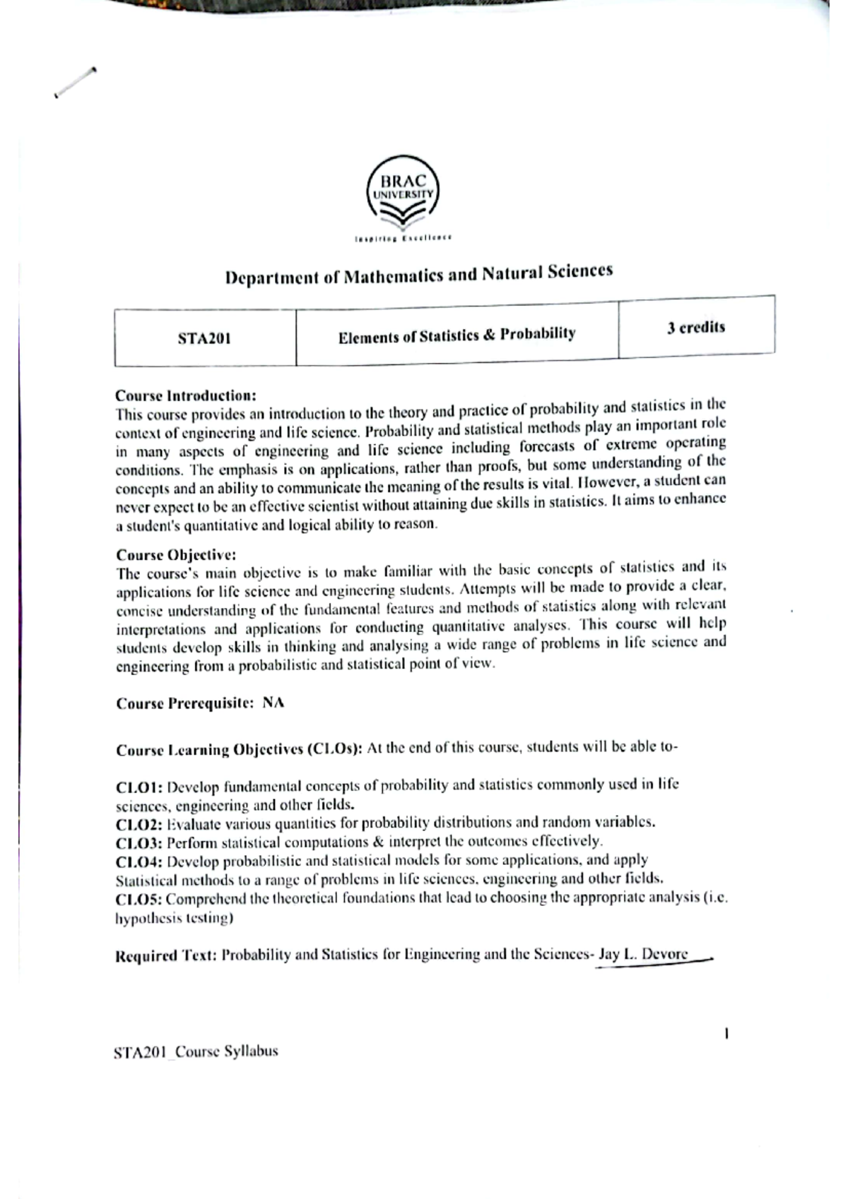 Course outlines - Elements of Statistics and Probability - Studocu