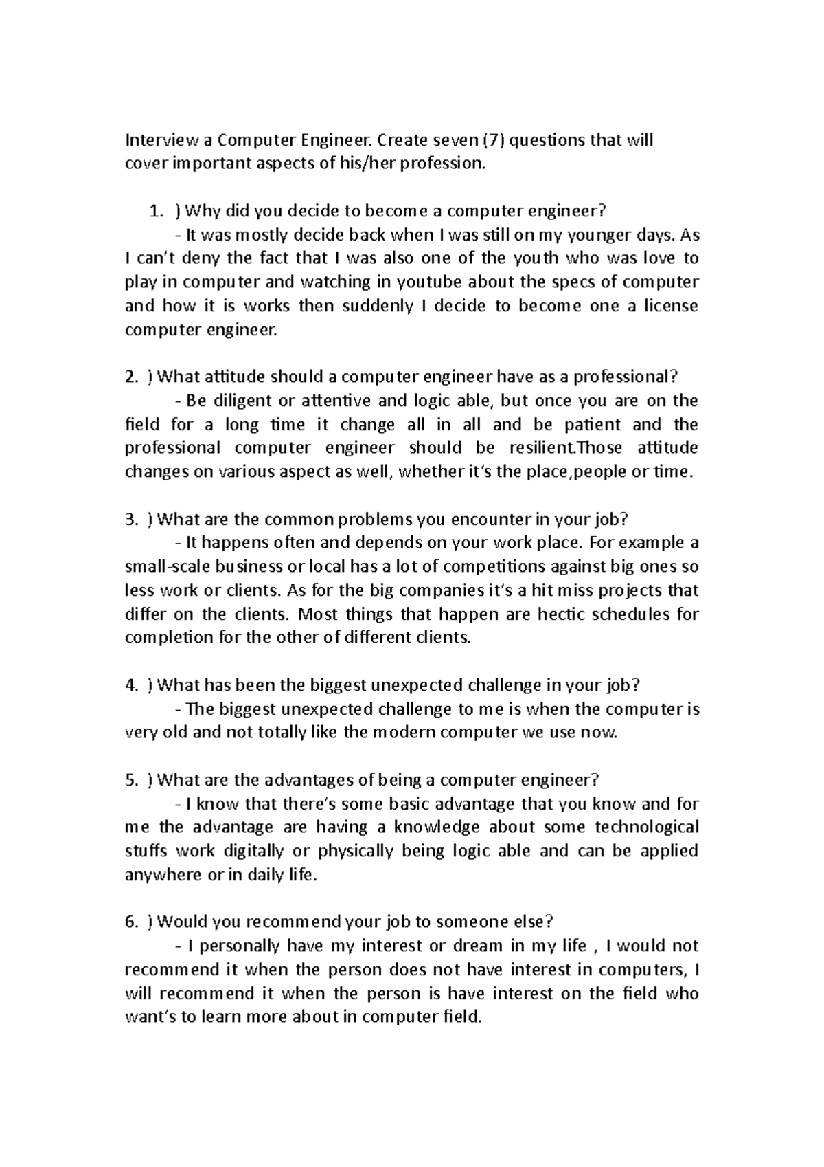 Interview - Create seven (7) questions that will cover important ...