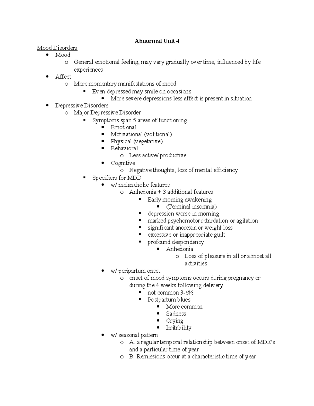 Abnormal Unit 4 - Lecture notes Unit 4 - Abnormal Unit 4 Mood Disorders ...