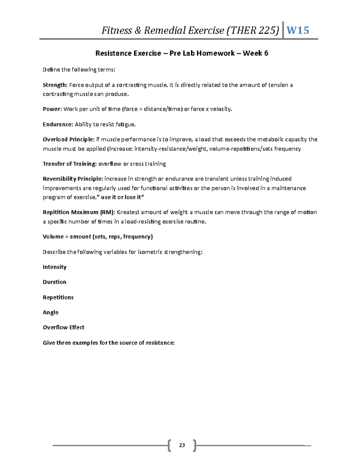 PRE LAB Homework - WEEK 6 - Fitness & Remedial Exercise (THER 225) W ...