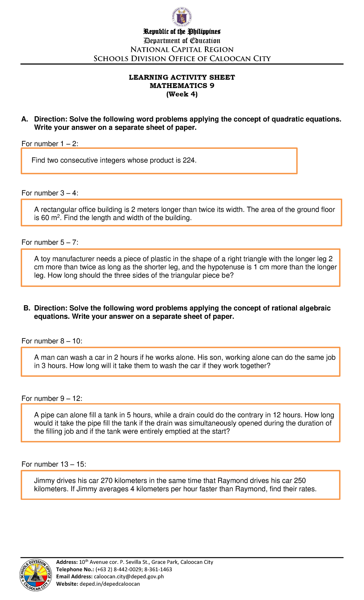 Math 9 LAS 2 Wk 4 - practice material - Republic of the Philippines ...