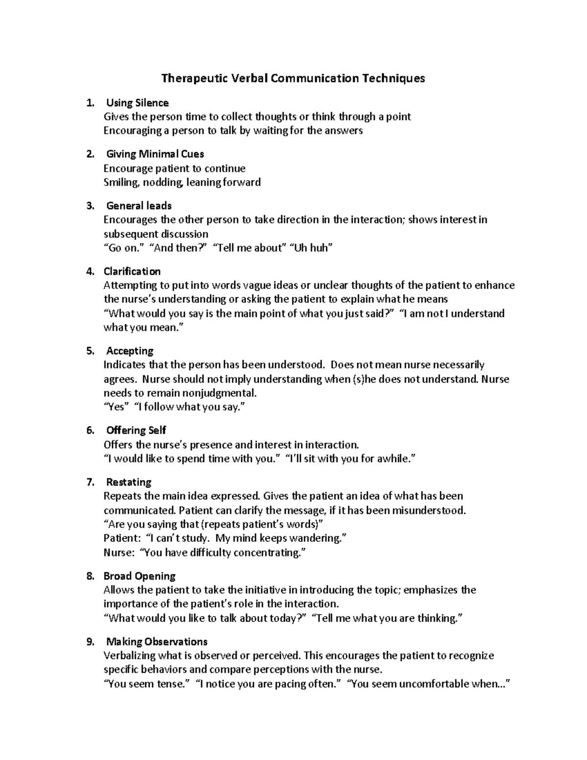 NSG 335 Therapeutic Verbal Communication Techniques - Therapeutic ...
