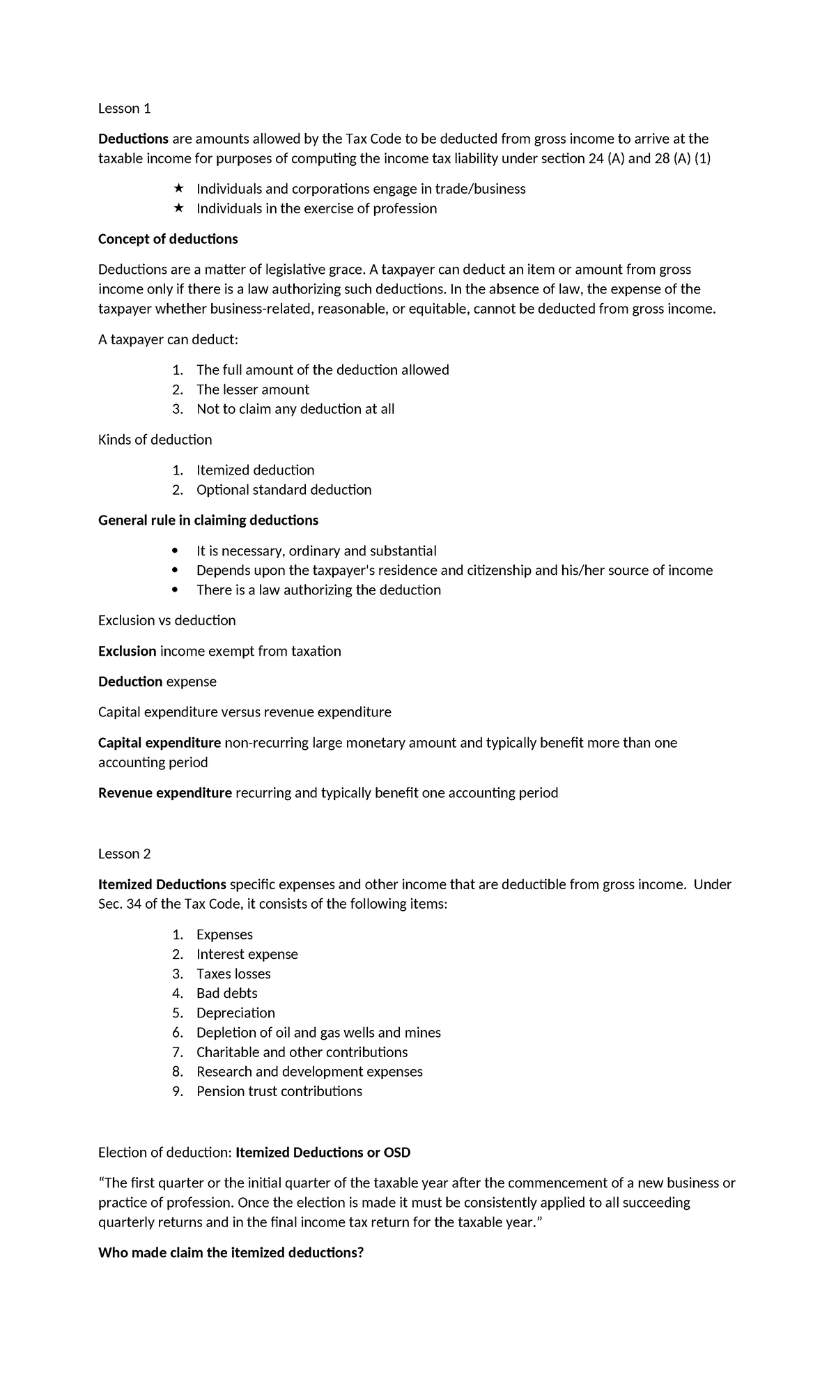 Deduction - Lesson 1 Deductions are amounts allowed by the Tax Code to ...