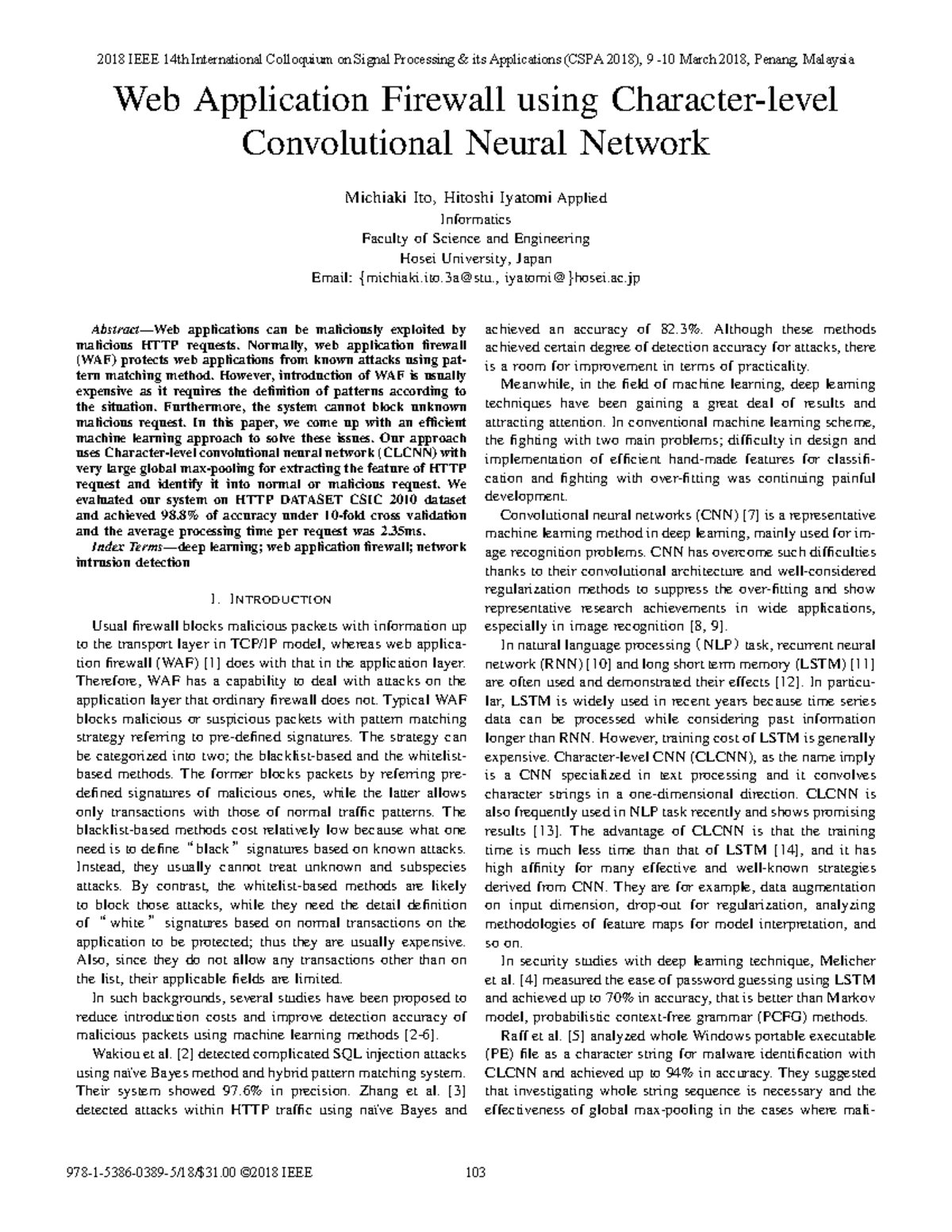 Ito M And Iyatomi H 2018 Web Application Firewall Using Character Level Convolutional