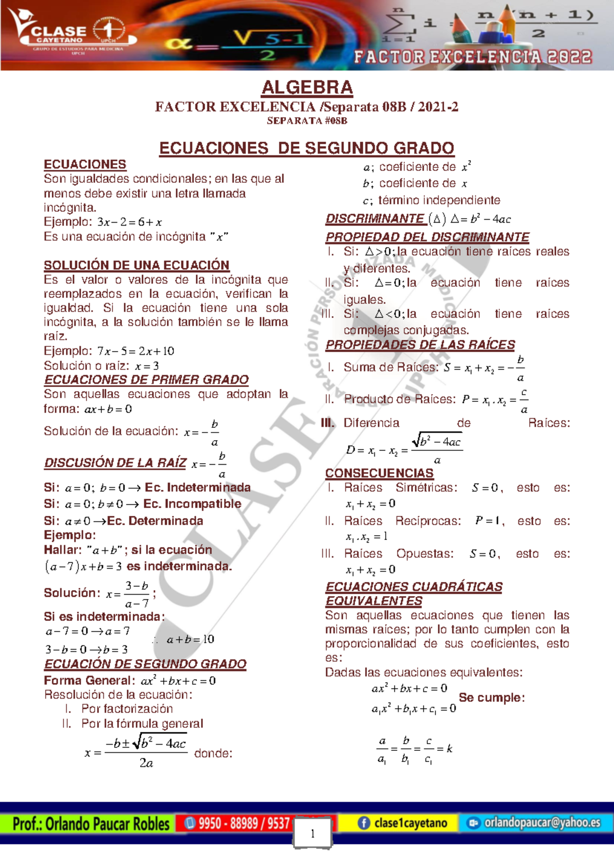 Separata 08B Ecuaciones DE Segundo Grado Algebra 2021-2 - ALGEBRA ...