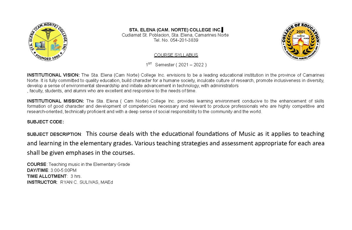 Teaching Music 2021 2022 - STA. ELENA (CAM. NORTE) COLLEGE INC ...