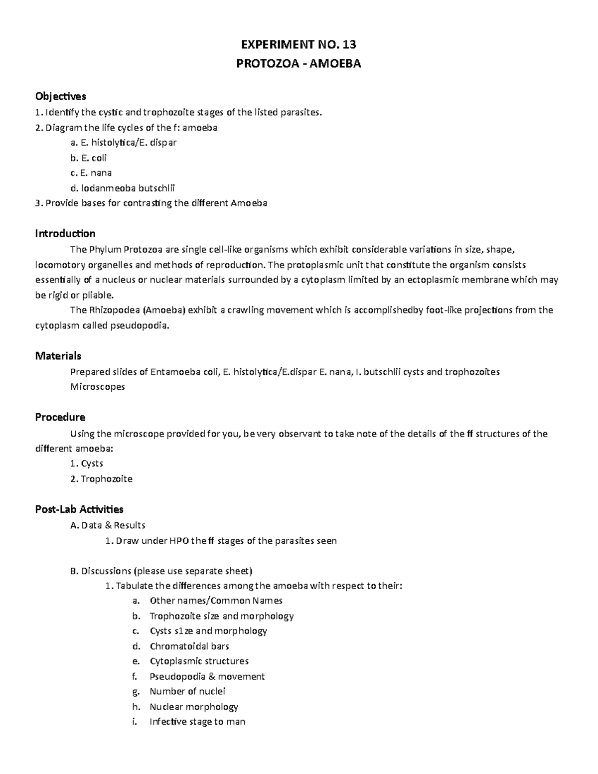 Experiment NO 13 - Para lab - EXPERIMENT NO. 13 PROTOZOA - AMOEBA ...