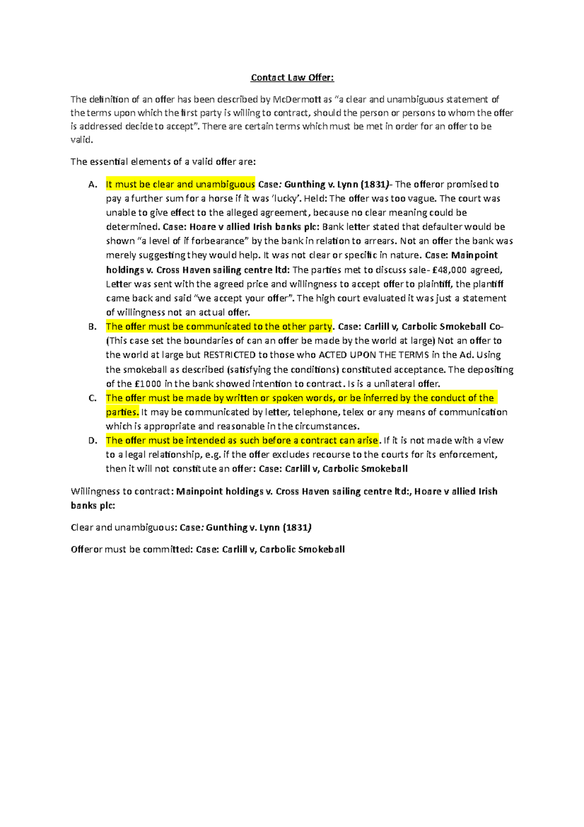 Contract Law Offer Final Notes - Contact Law Offer: The definition of ...