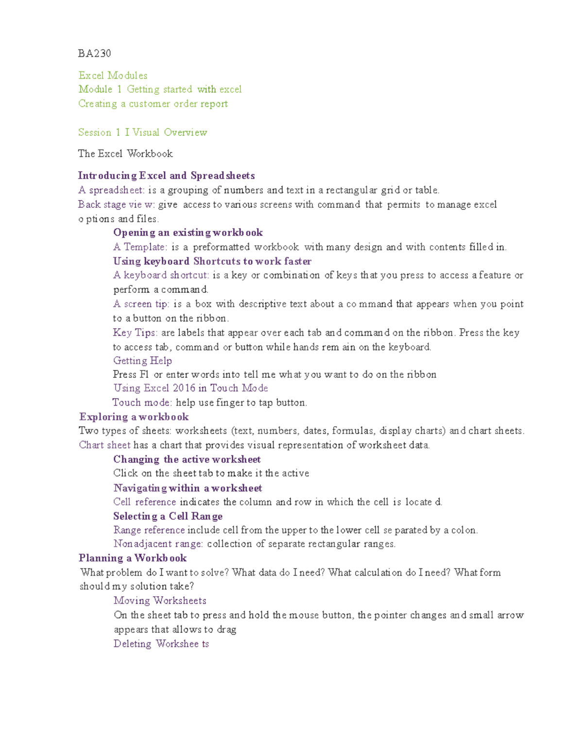BA 230 Module 1, 2 study guide - BA Excel Modules Module 1 Getting ...