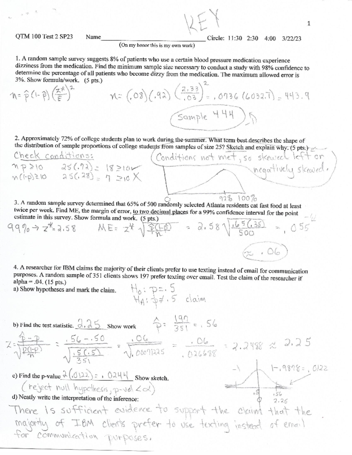 Test 2 SP23 Key - test 2 - QTM 100 - Studocu