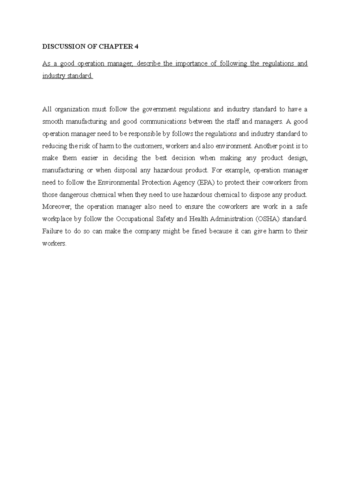 Discussion OF Chapter 4 - DISCUSSION OF CHAPTER 4 As a good operation ...