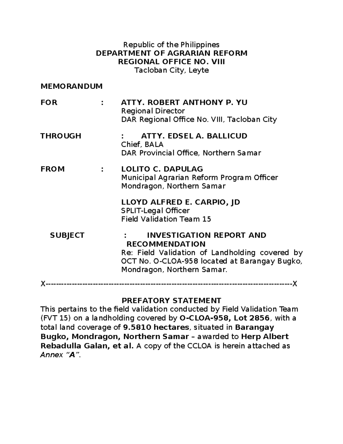 Investigation Report for Checking - O-CLOA-958 - Republic of the ...