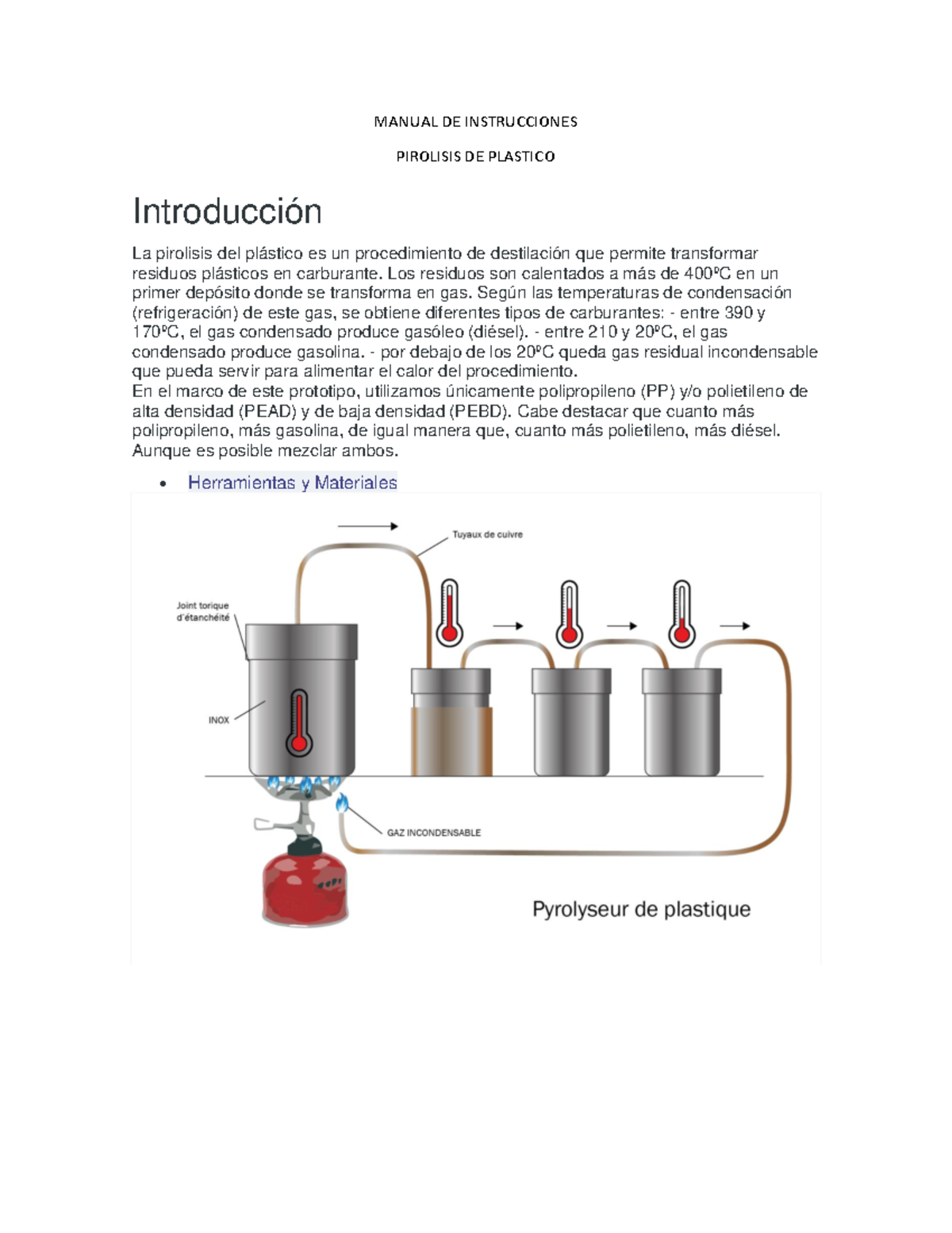 Manual DE Instrucciones Proyecto - MANUAL DE INSTRUCCIONES PIROLISIS DE PLASTICO Introducción La ...