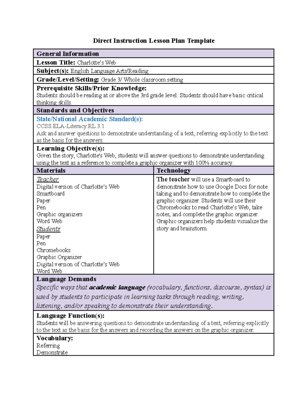 C909 Reading Methods Direct Instruction Revision 2 - Direct Instruction Lesson Plan Template ...