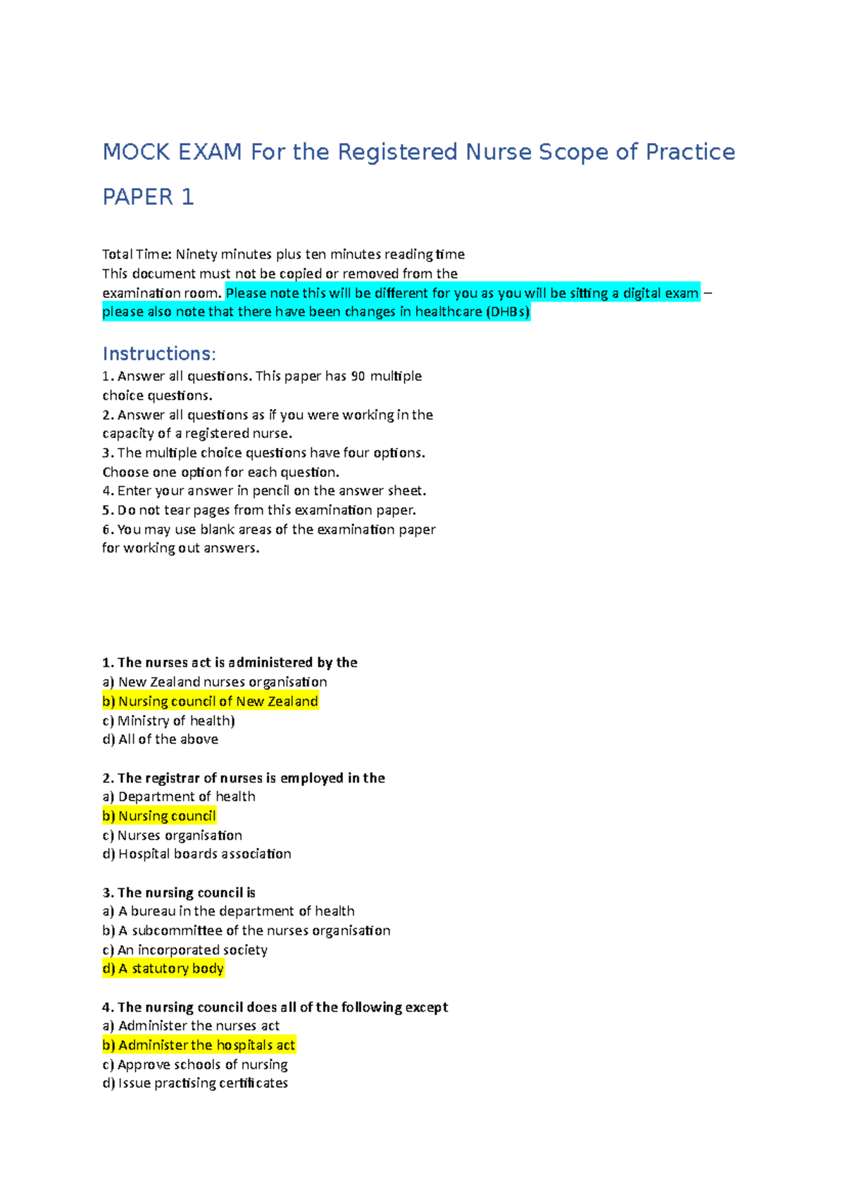 Mock exam P1 - defwe - MOCK EXAM For the Registered Nurse Scope of ...
