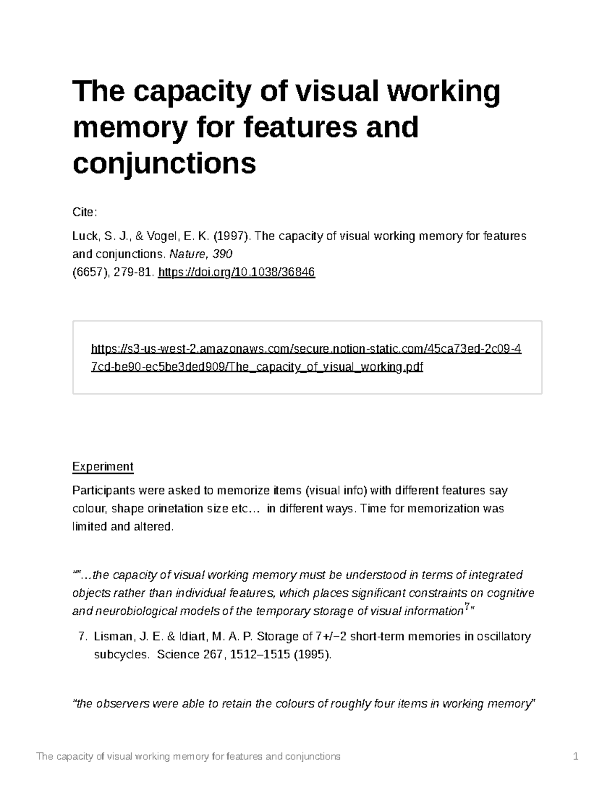 The capacity of visual working memory for features and conjunctions NOTS - J., & Vogel, E. K ...