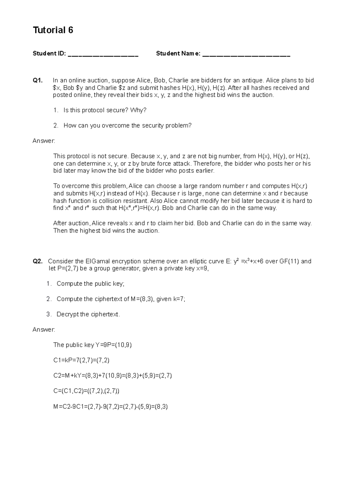 Tutorial 6 Solutions - Tutorial 6 Student ID ...