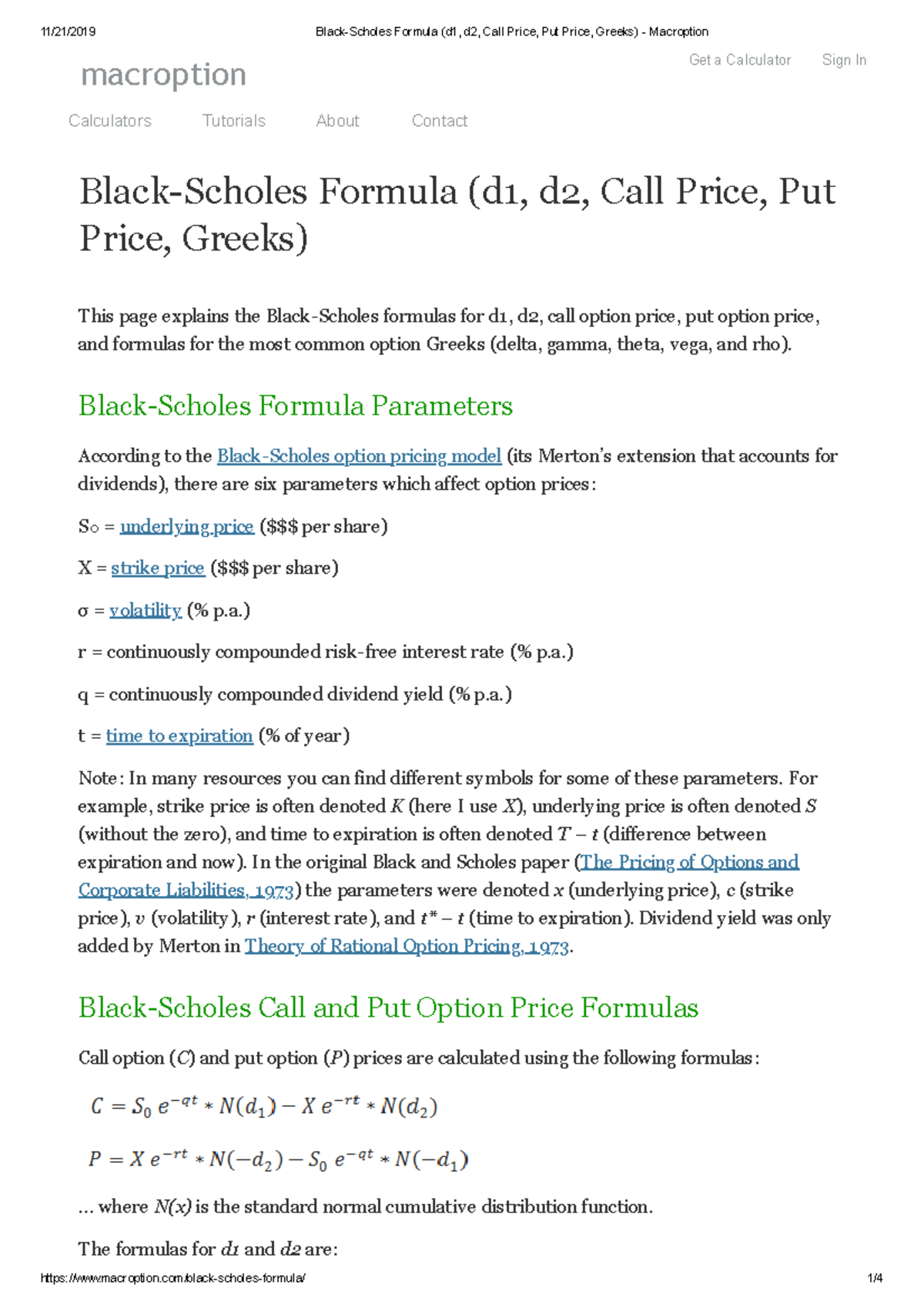 Merton - Black-Scholes Formula (d1, d2, Call Price, Put Price, Greeks ...