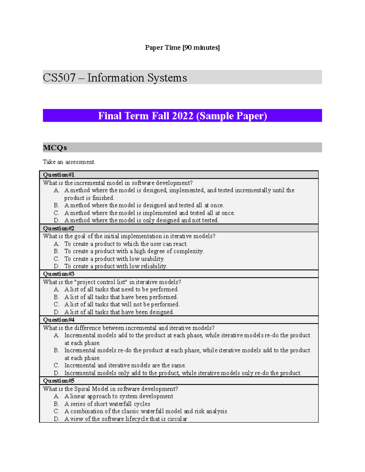Sample Paper - Paper Time [90 minutes] CS507 – Information Systems ...