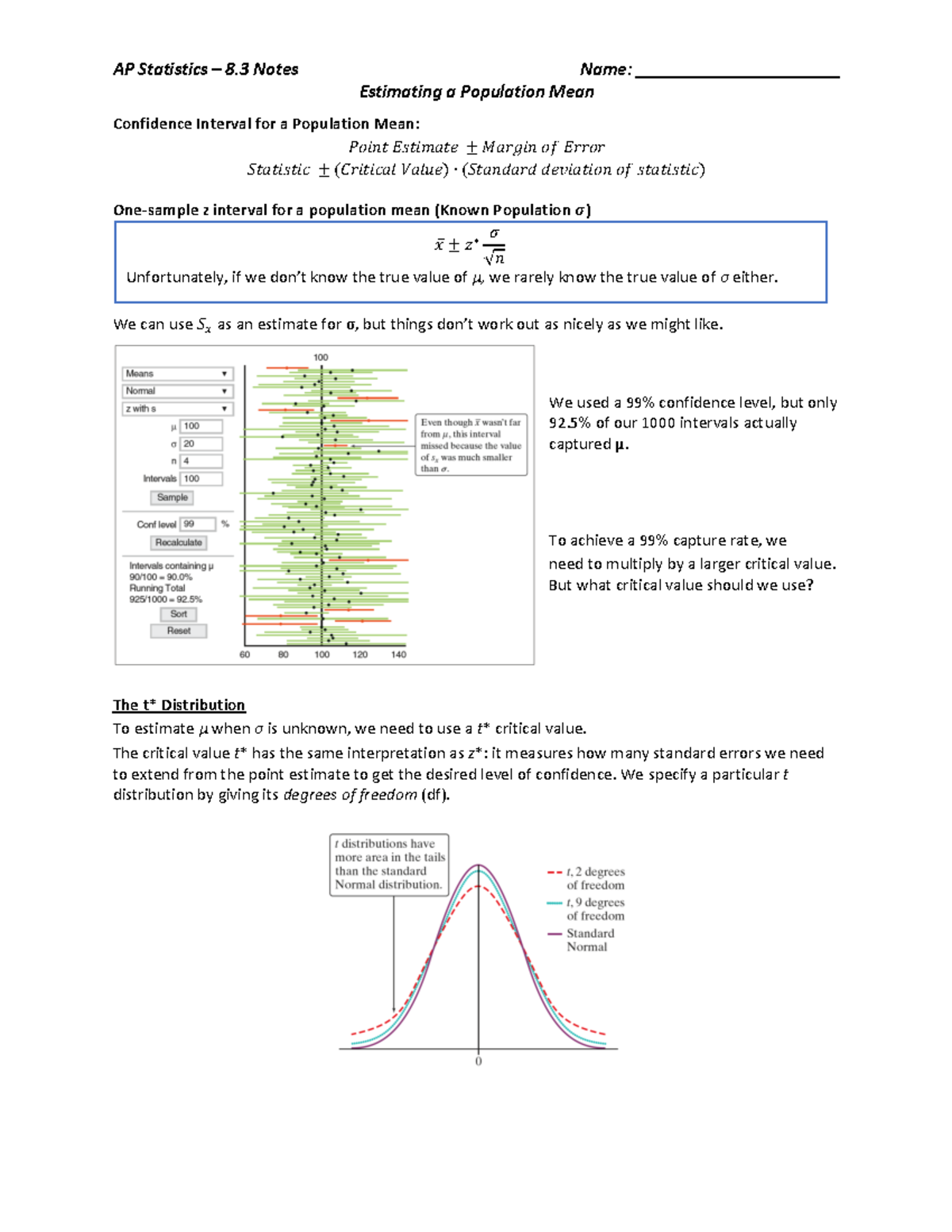Notes - 8.3 Blank - Estimating a Population Mean Confidence Interval ...