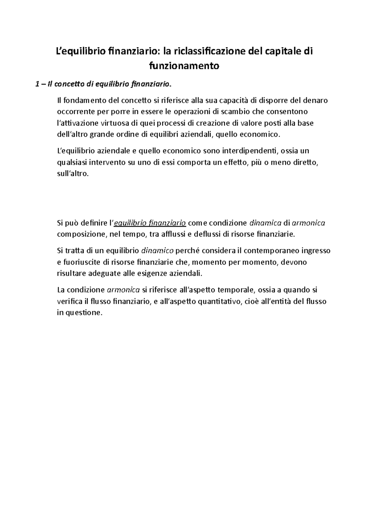 L'equilibrio finanziario - La riclassificazione del capitale di ...