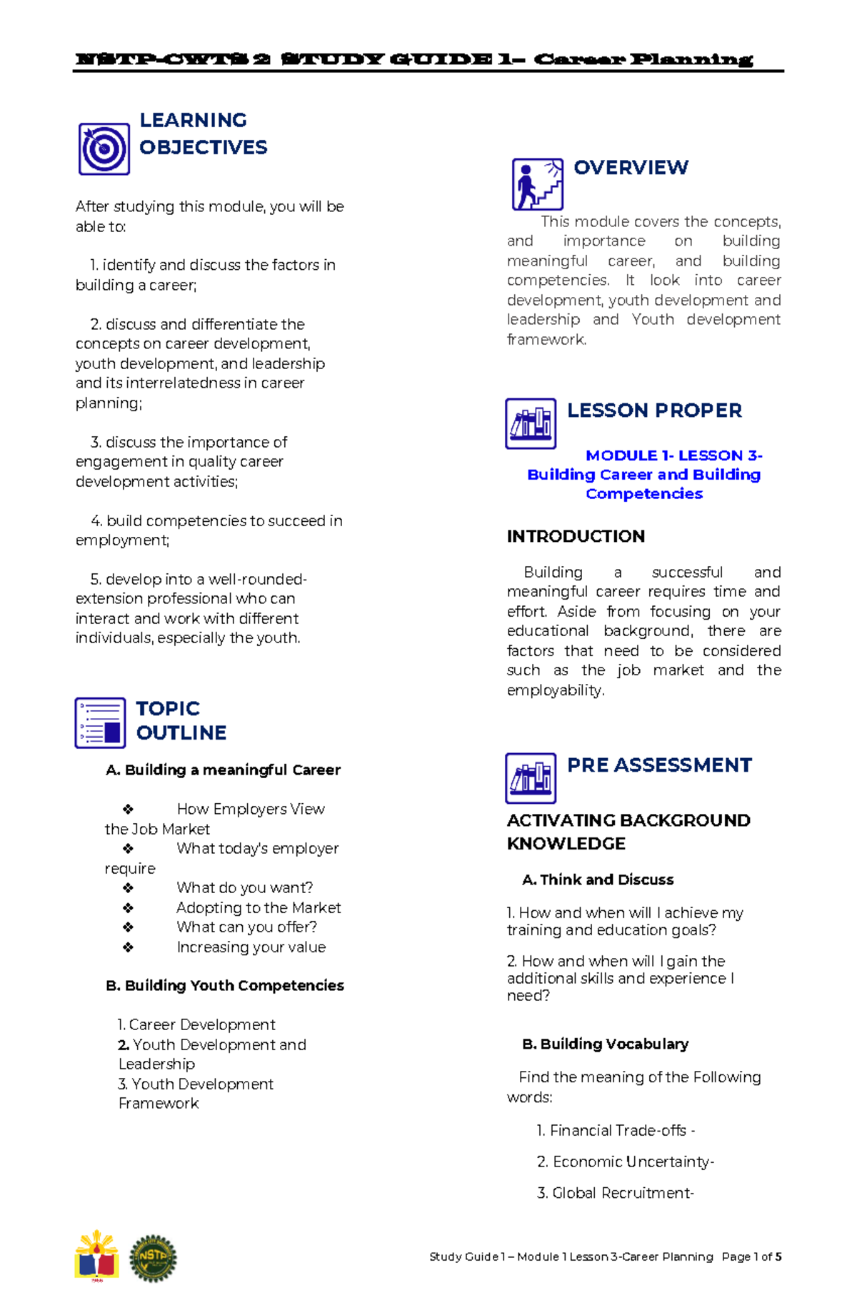 Study Guide 1 Module 1 Lesson 3 Career Planning - NSTP-CWTS 2 STUDY GUIDE 1 – Career Planning ...