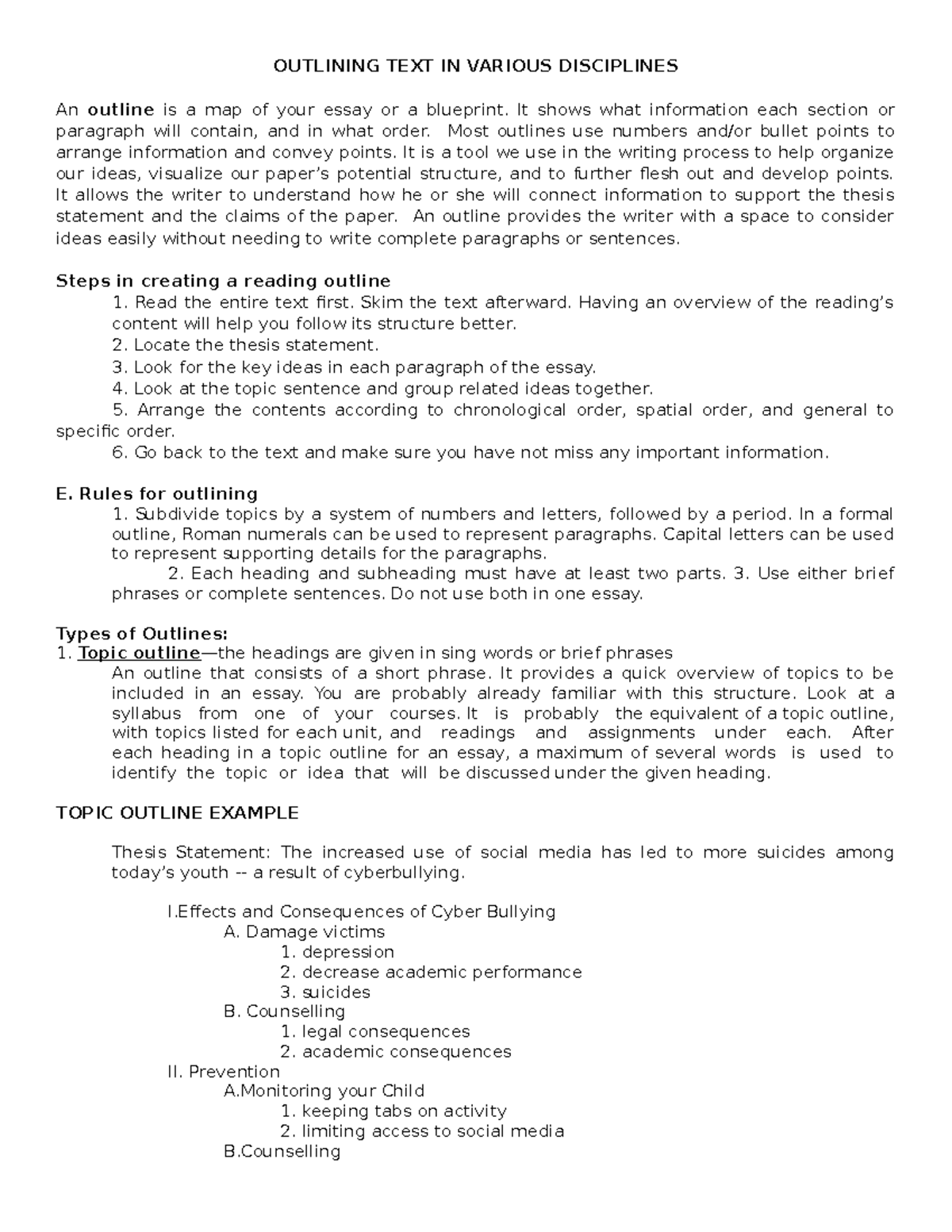 1Hand Outs 4 Outlining - Lecture notes in English for Academic and ...