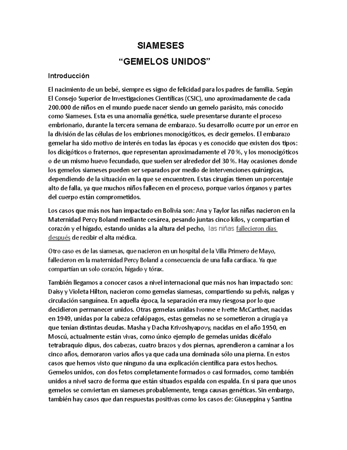 Monografia DE Siameses - SIAMESES “GEMELOS UNIDOS” Introducción El ...