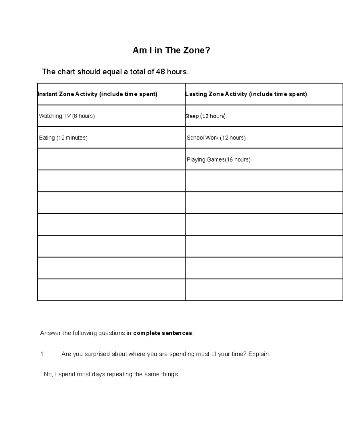 01 04 07a - idek - Am I in The Zone? The chart should equal a total of ...