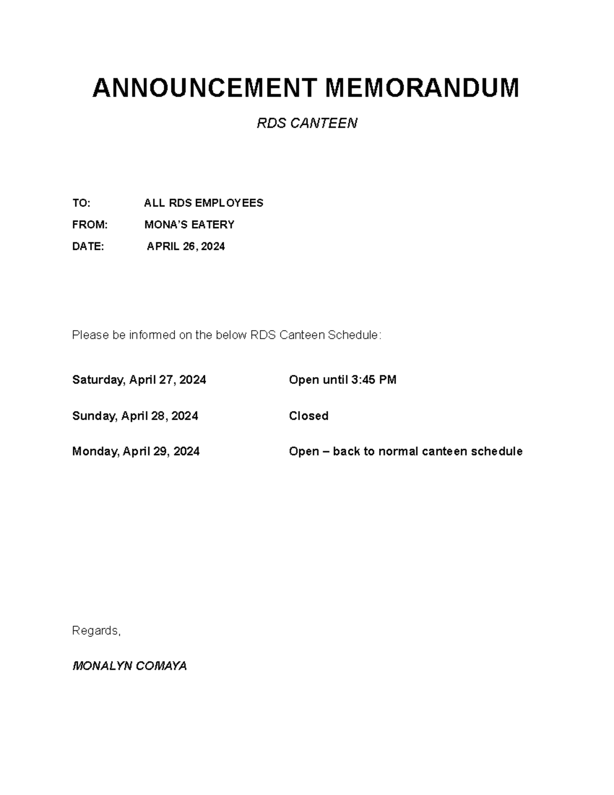 Rds - English 10 - ANNOUNCEMENT MEMORANDUM RDS CANTEEN TO: ALL RDS ...