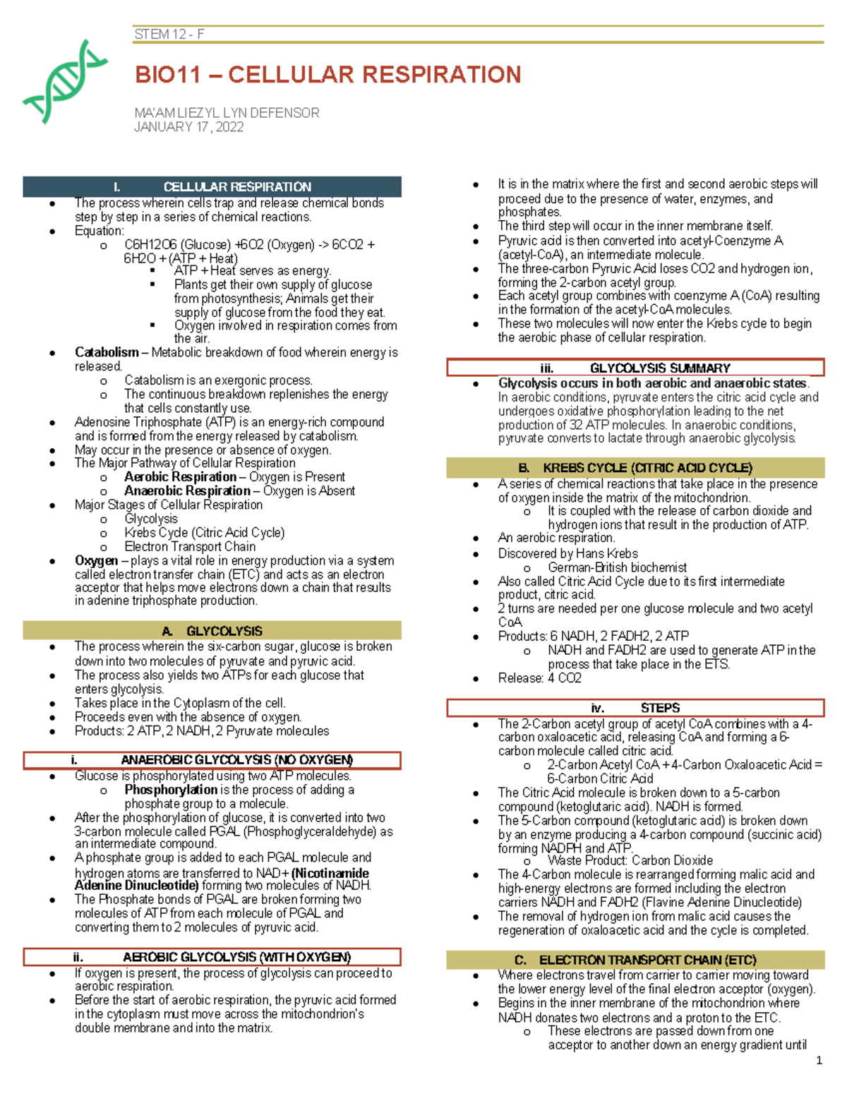 BIO11-Q2-Cellular Respiration - STEM 12 - F 1 BIO11 – CELLULAR ...