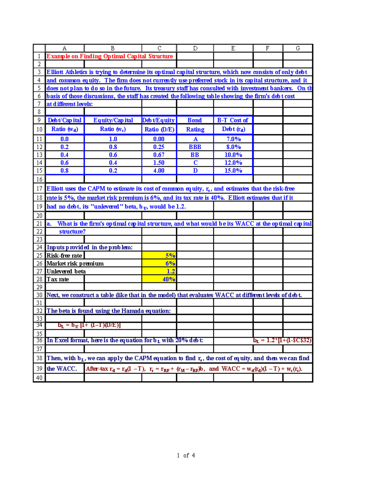 FIN 401 In Class Example -Optimal Capital Structure-1 - 1 2 3 4 5 6 7 8 ...
