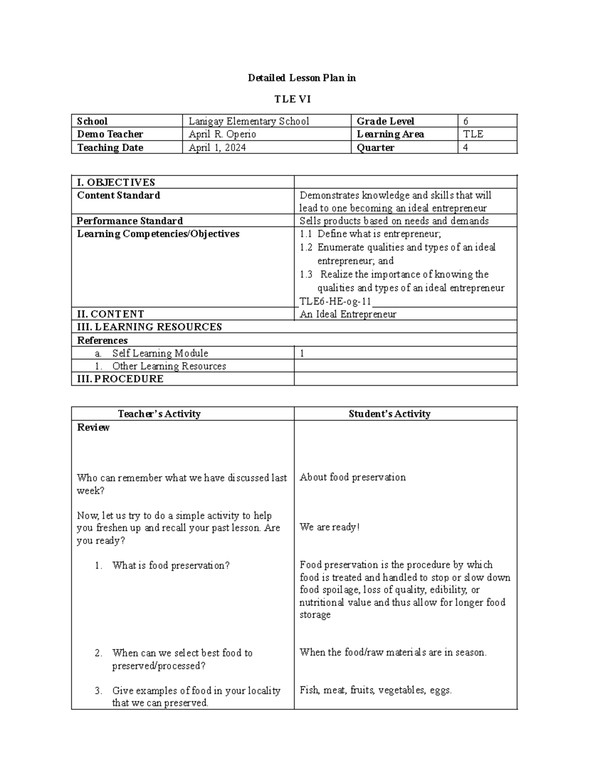 An Ideal Entrepreneur - tle - Detailed Lesson Plan in TLE VI School ...