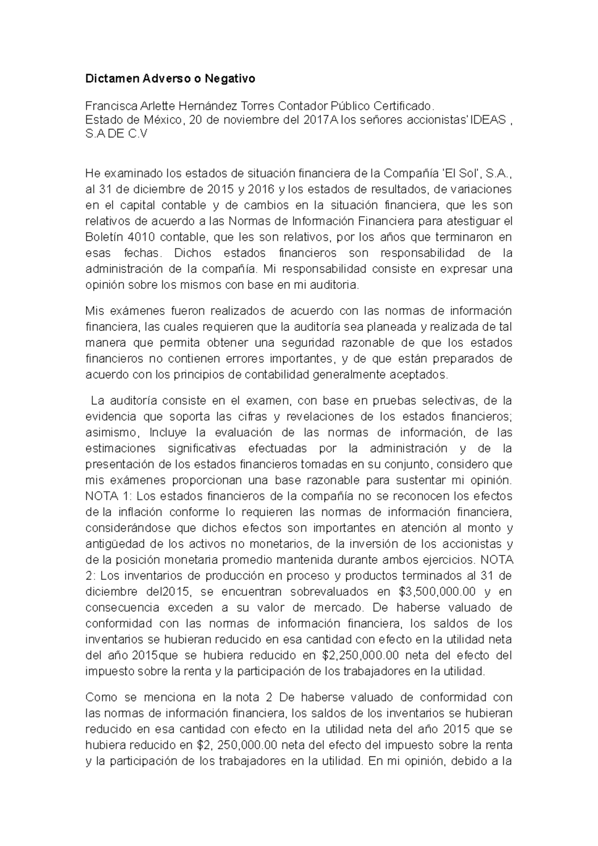 Dictamen Adverso o Negativo - Dictamen Adverso o Negativo Francisca ...