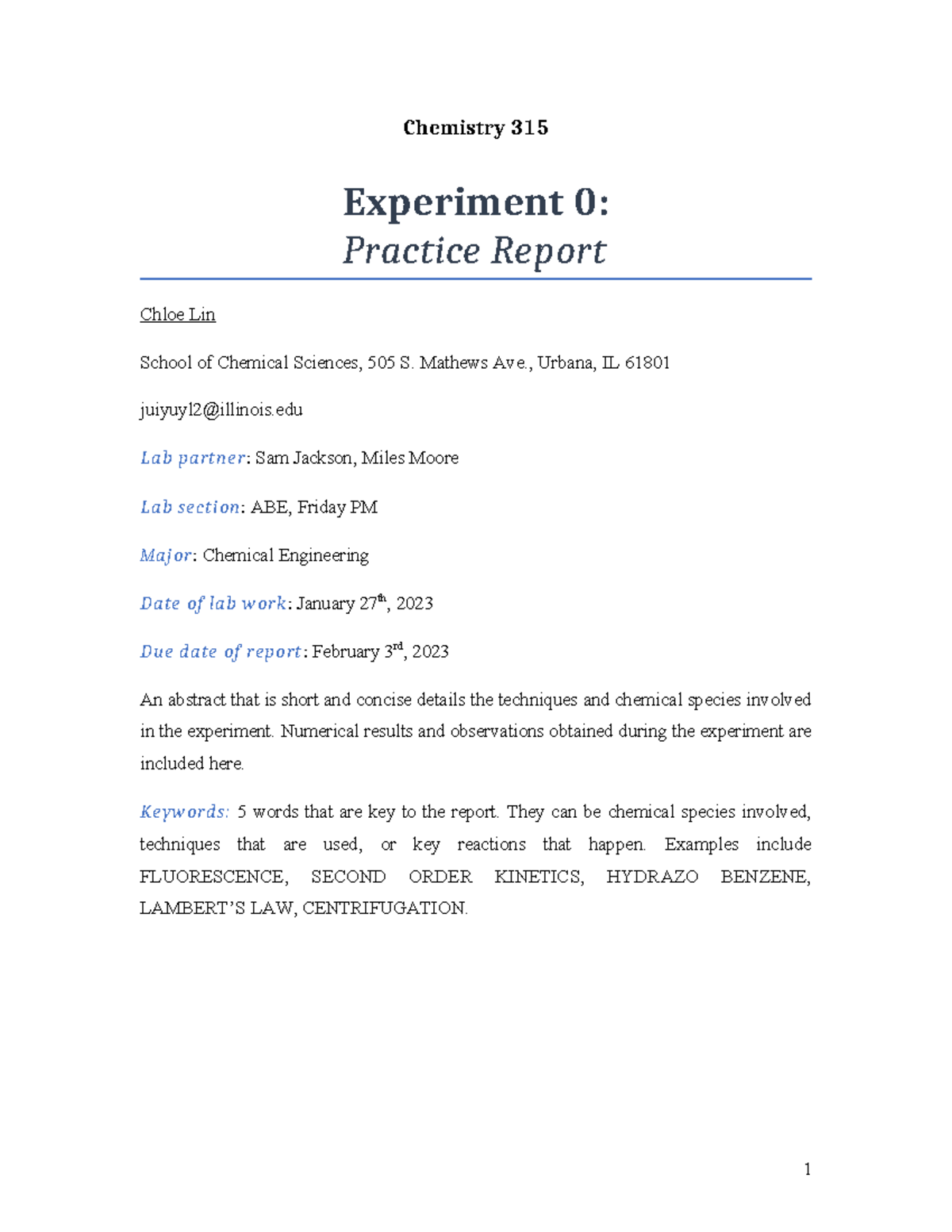Chem 315 Experiment 0 - Lab 0 report - Chemistry 315 Experiment 0 ...