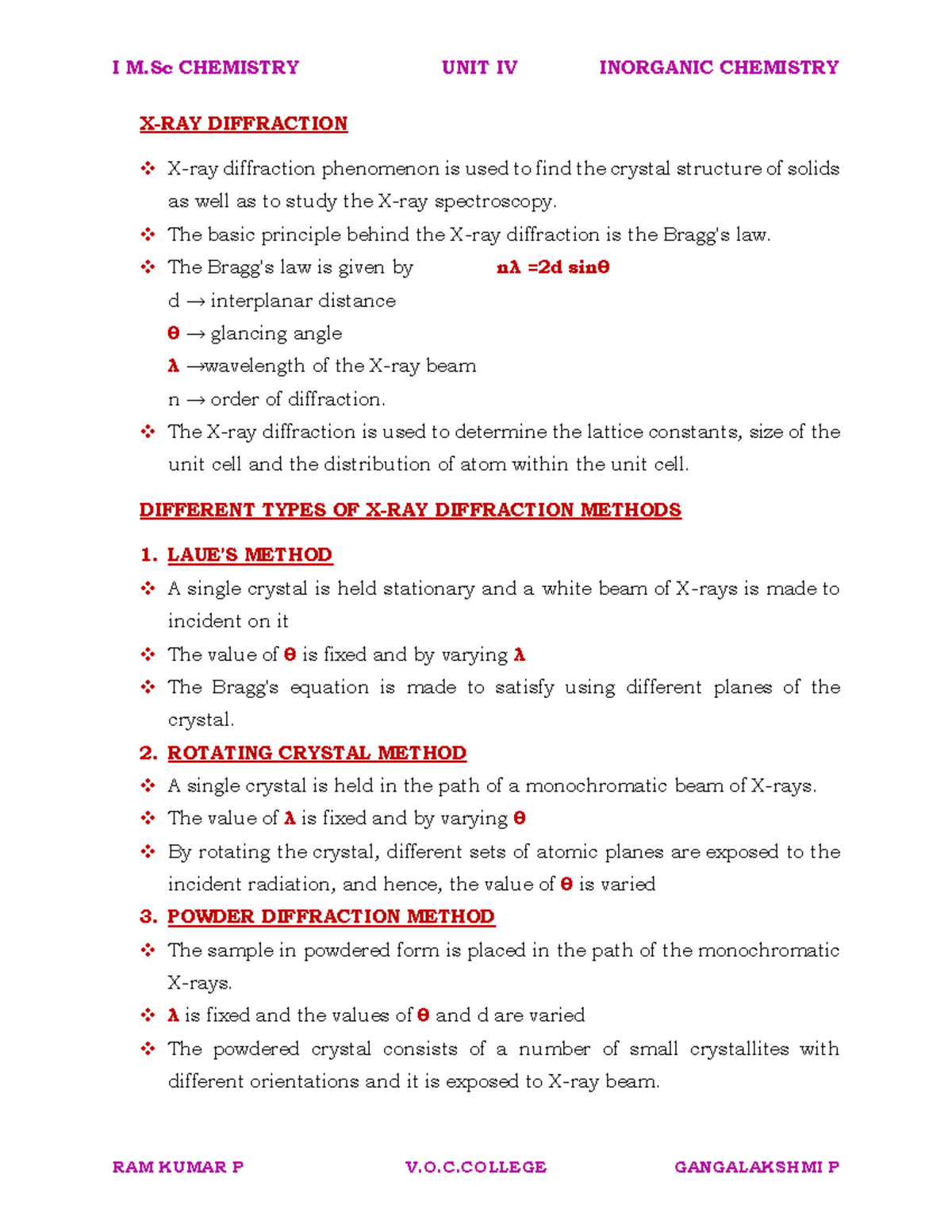 Bragg'S LAW - I M CHEMISTRY UNIT IV INORGANIC CHEMISTRY RAM KUMAR P V.O ...