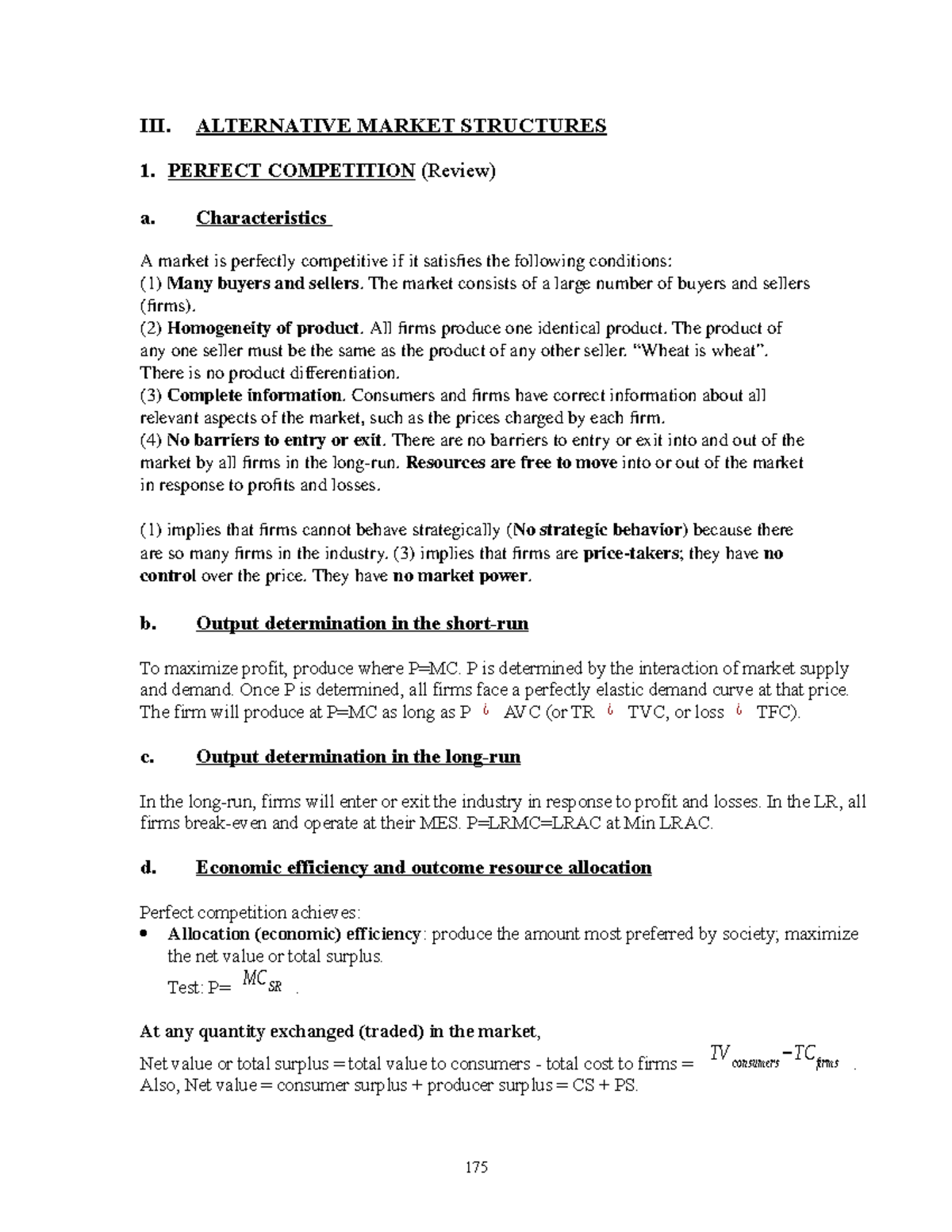 Class Notes 7 - Lecture 7 - ALTERNATIVE MARKET STRUCTURES 1. PERFECT ...