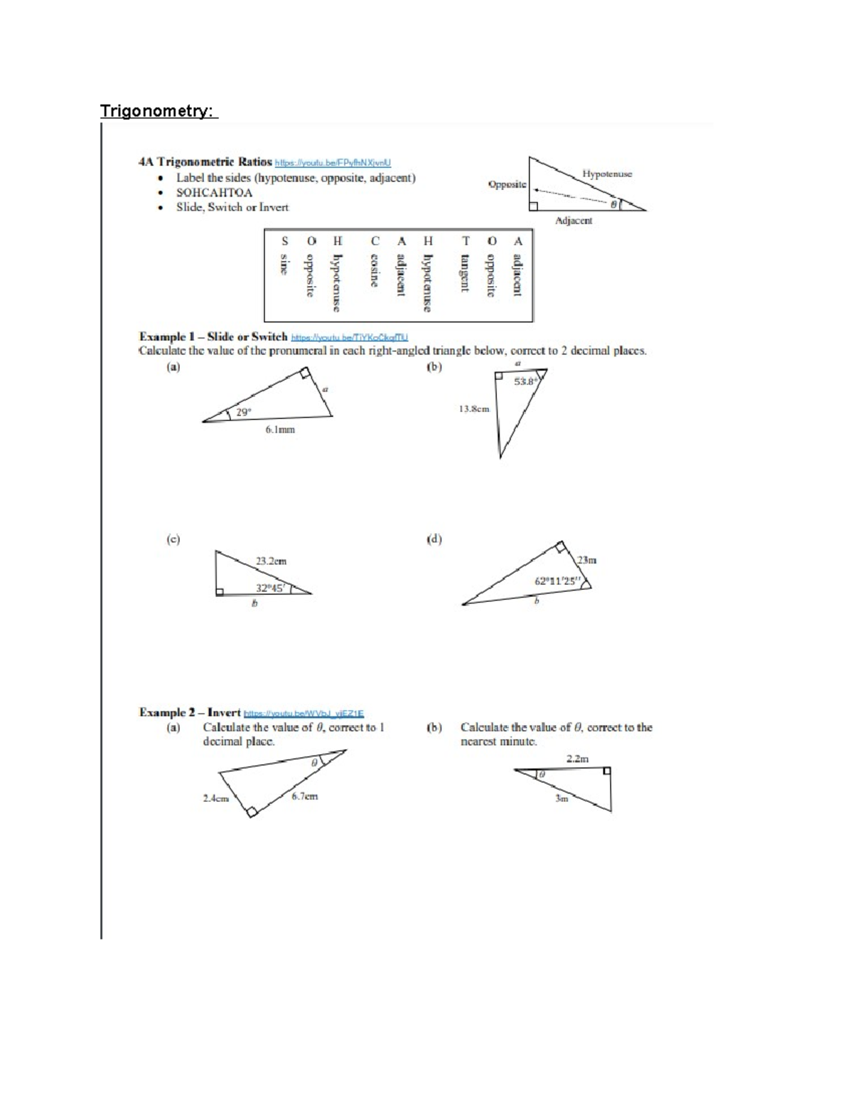 Mathematics Standard 2 - Trigonometry: 4A Trigonometric Ratios Label ...