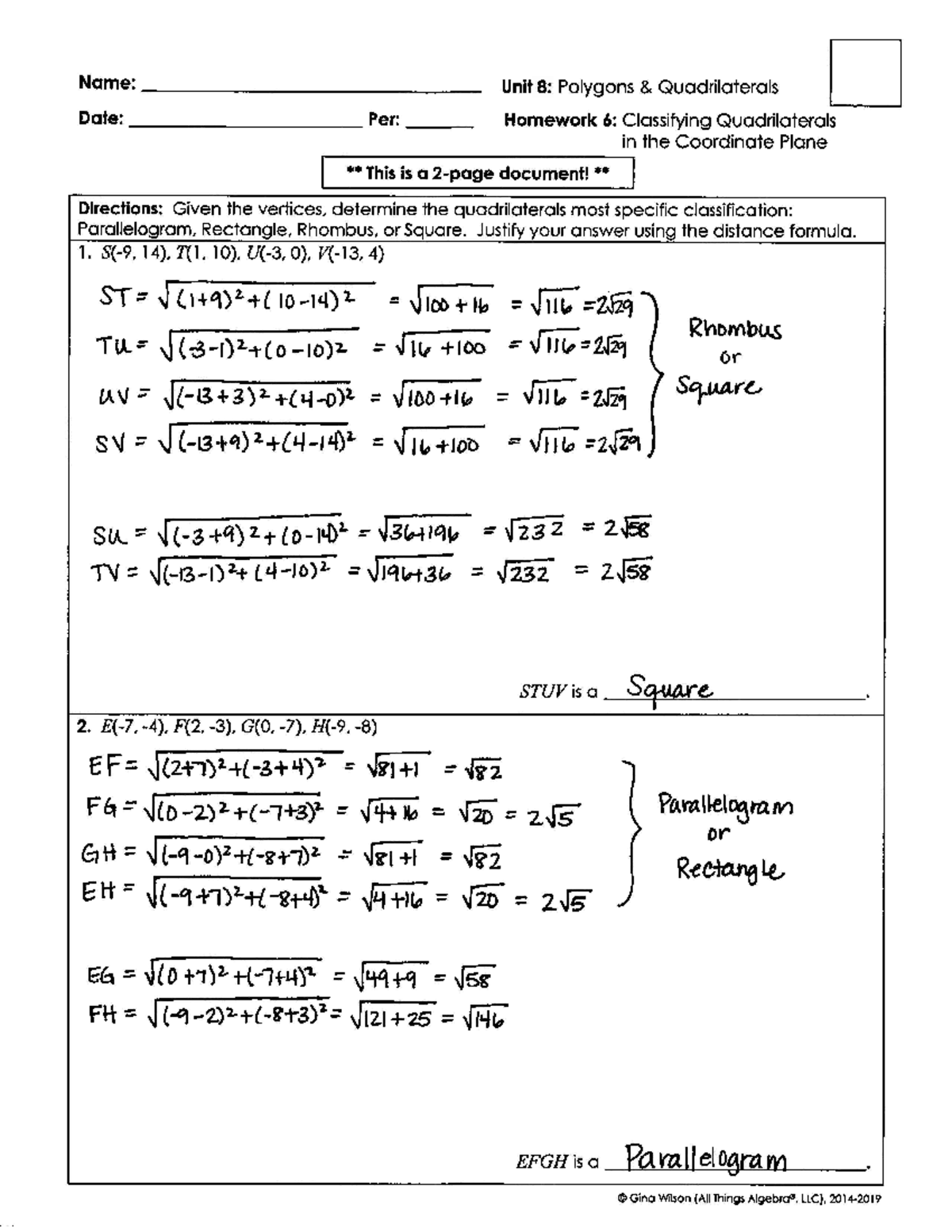 Answer Key Name The Quadrilateral Coordinate Geometry Practice - Name ...