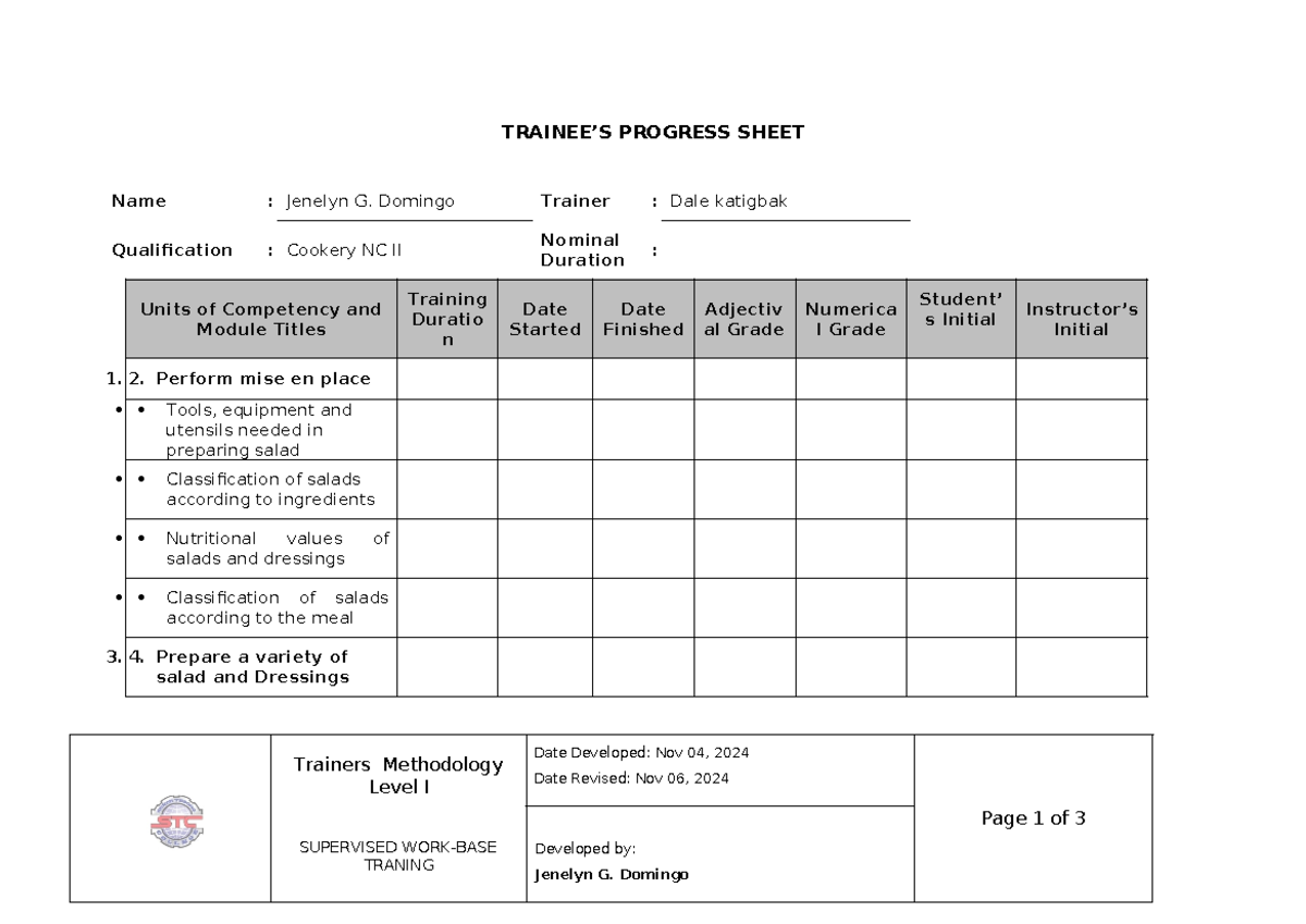 4.- Trainee- Progress- Sheet - TRAINEE’S PROGRESS SHEET Name : Jenelyn ...