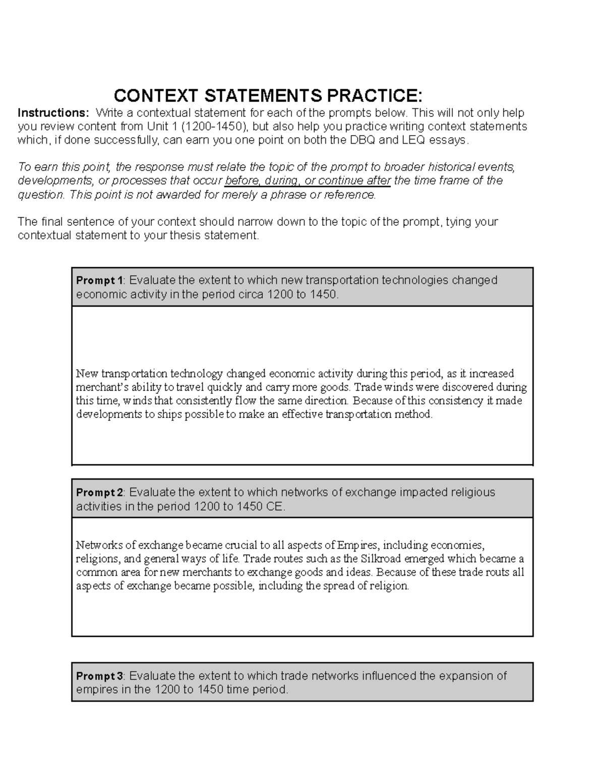 Context Statements UNIT 2 - CONTEXT STATEMENTS PRACTICE: Instructions ...