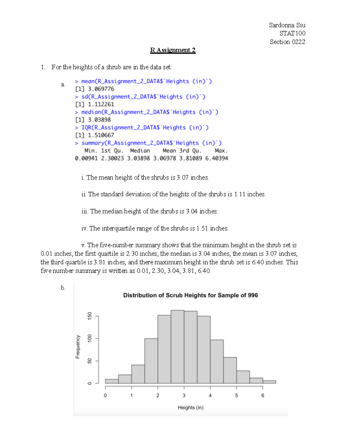 R Project - STAT100: PROFESSOR CHIMIAK ASSIGNMENT 2 - Sardonna Siu STAT Section 0222 R ...