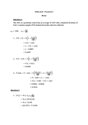 Practical 4 Memo - MEMO - Practical 4 Memo Question 1 𝜆 = 1. 6 ; 𝑥 ≥ 3 ; 𝜆 = 1. 6 × 2 = 3. 2 𝑃(𝑋 ...