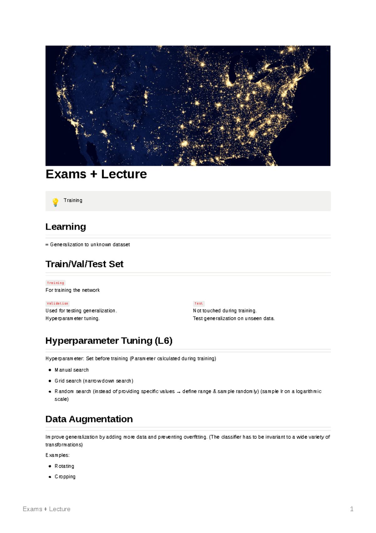 Exams Lecture Summary 01 - Exams + Lecture 1 Exams + Lecture Training Learning = Generalization ...