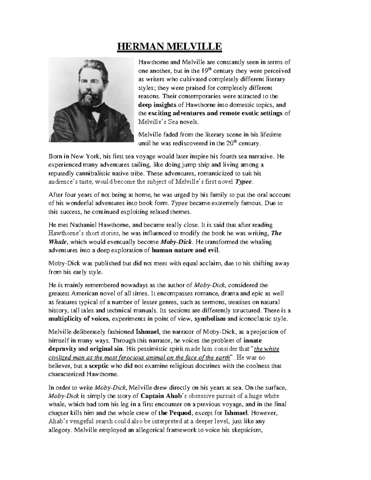 Herman Melville - Summary and exploratory questions related to the ...