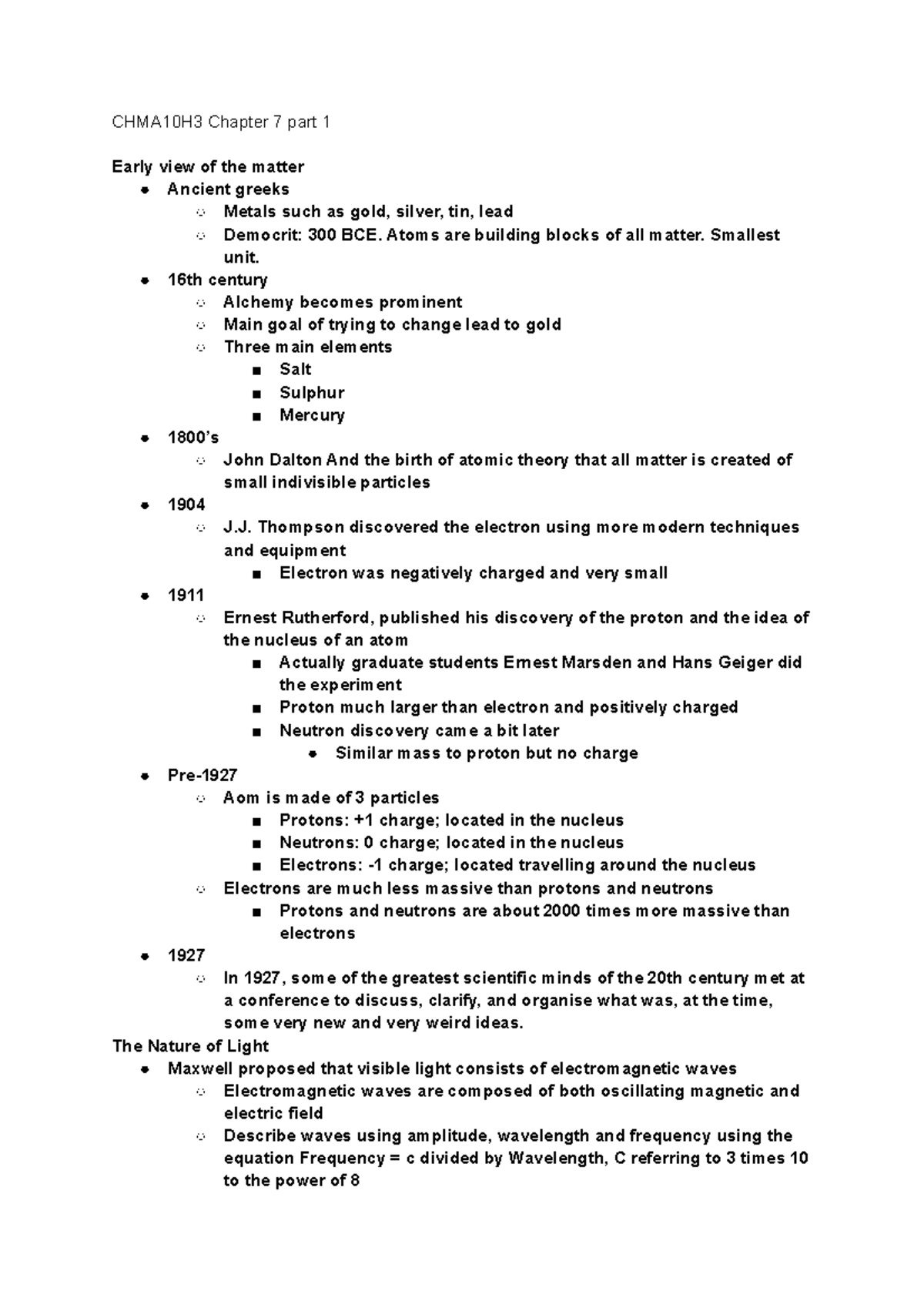 Chapter 7 - CHMA10H3 Chapter 7 part 1 Early view of the matter Ancient ...
