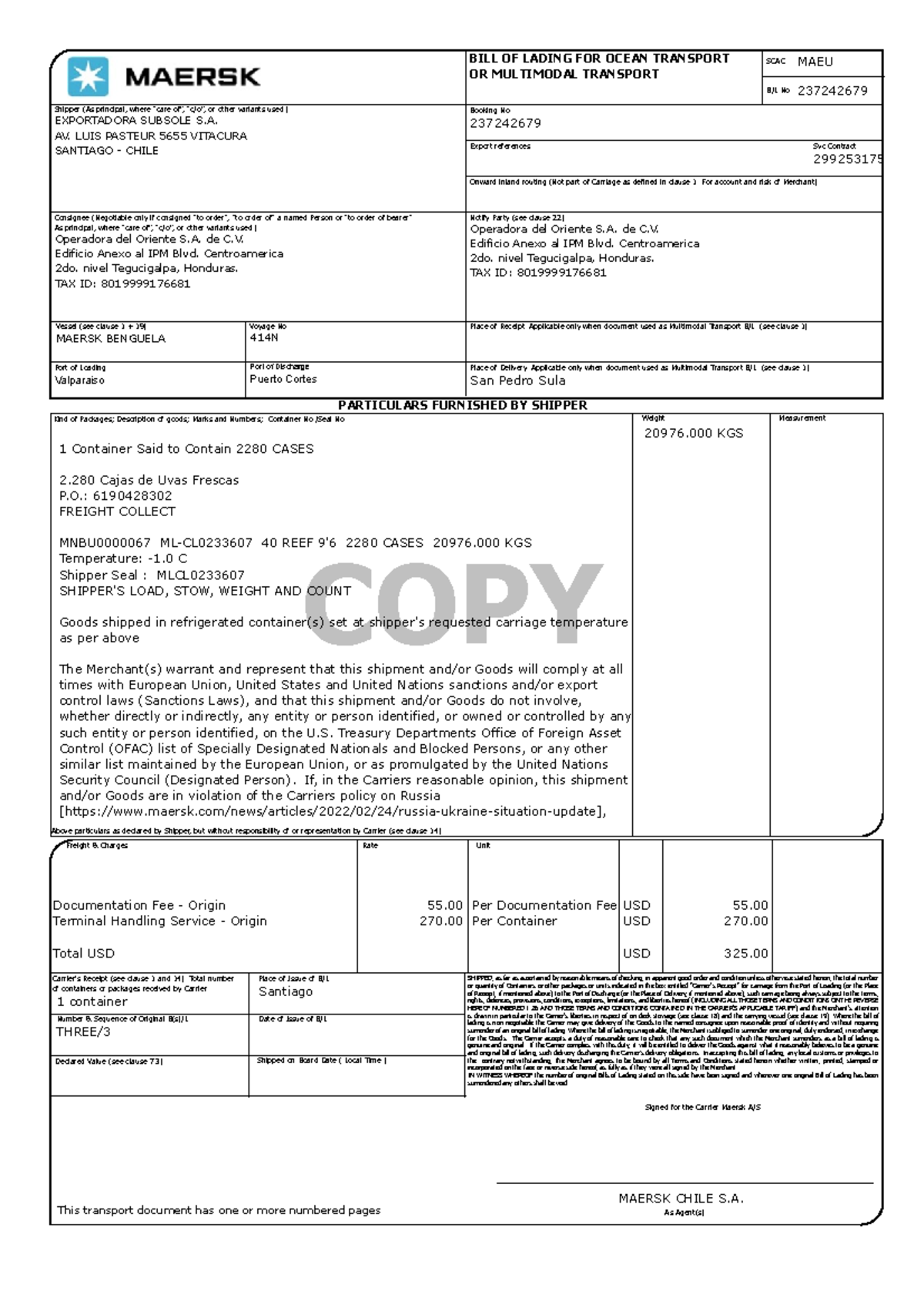 BL 1492 - SCAC MAEU B/L No. THREE/ Shipped on Board Date ( Local Time ...